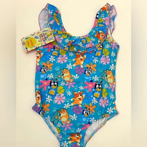 Little Snuggles | Swim | Little Girls Bluey Pups One Piece Ruffle Upf 5 ...